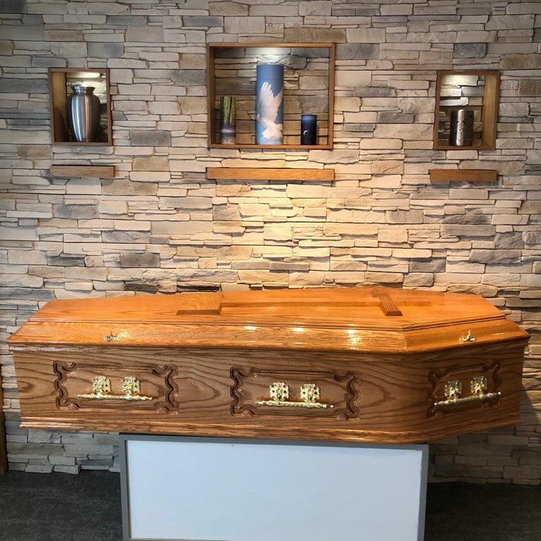 Irish Made Semi Solid Oak Panelled Side Coffin Complete With Rope Effe ...